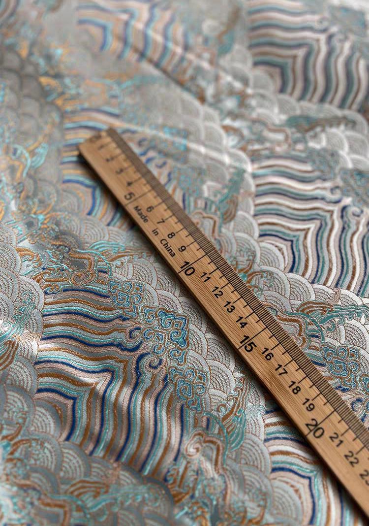 Hr Japan Japanese Style Cloth Gold Blue Sea Cliff Pattern Matte Brocade ...