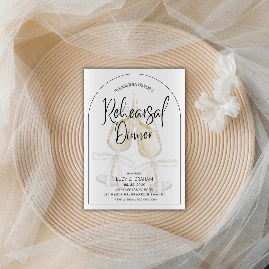 Champagne Toast Rehearsal Dinner Invite With White Bow Detail | Digital ...