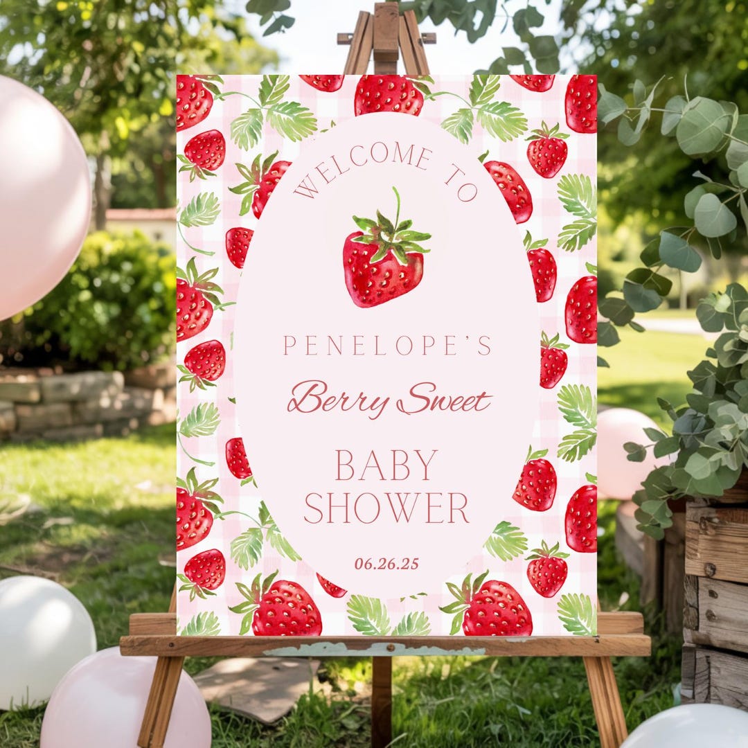Berry Baby Shower Welcome Sign - Strawberry Pink Gingham Design, A ...