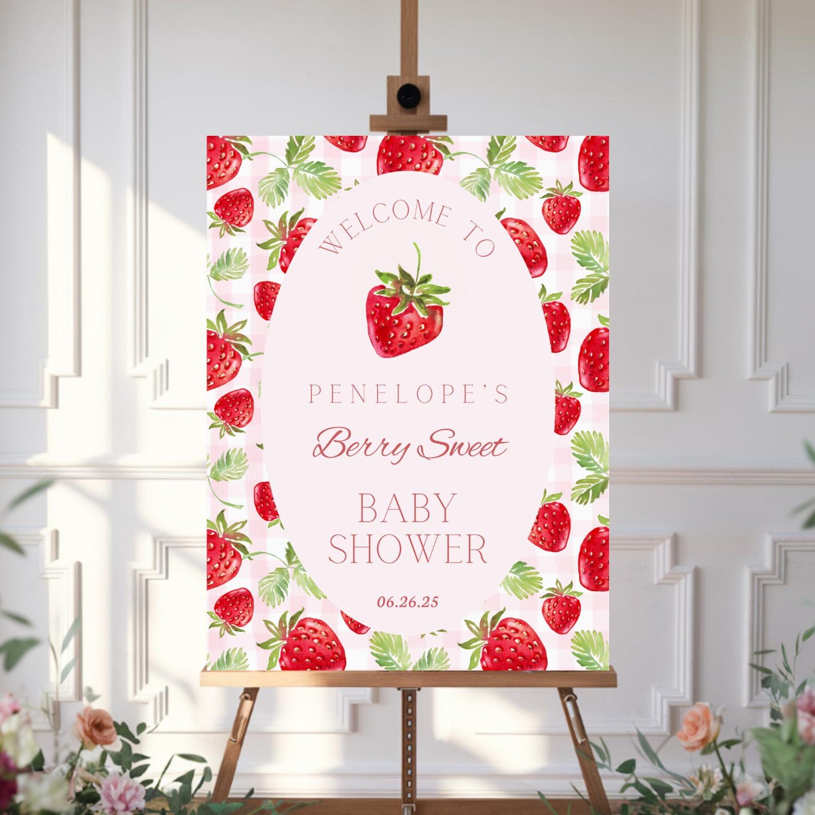 Berry Baby Shower Welcome Sign - Strawberry Pink Gingham Design, A ...