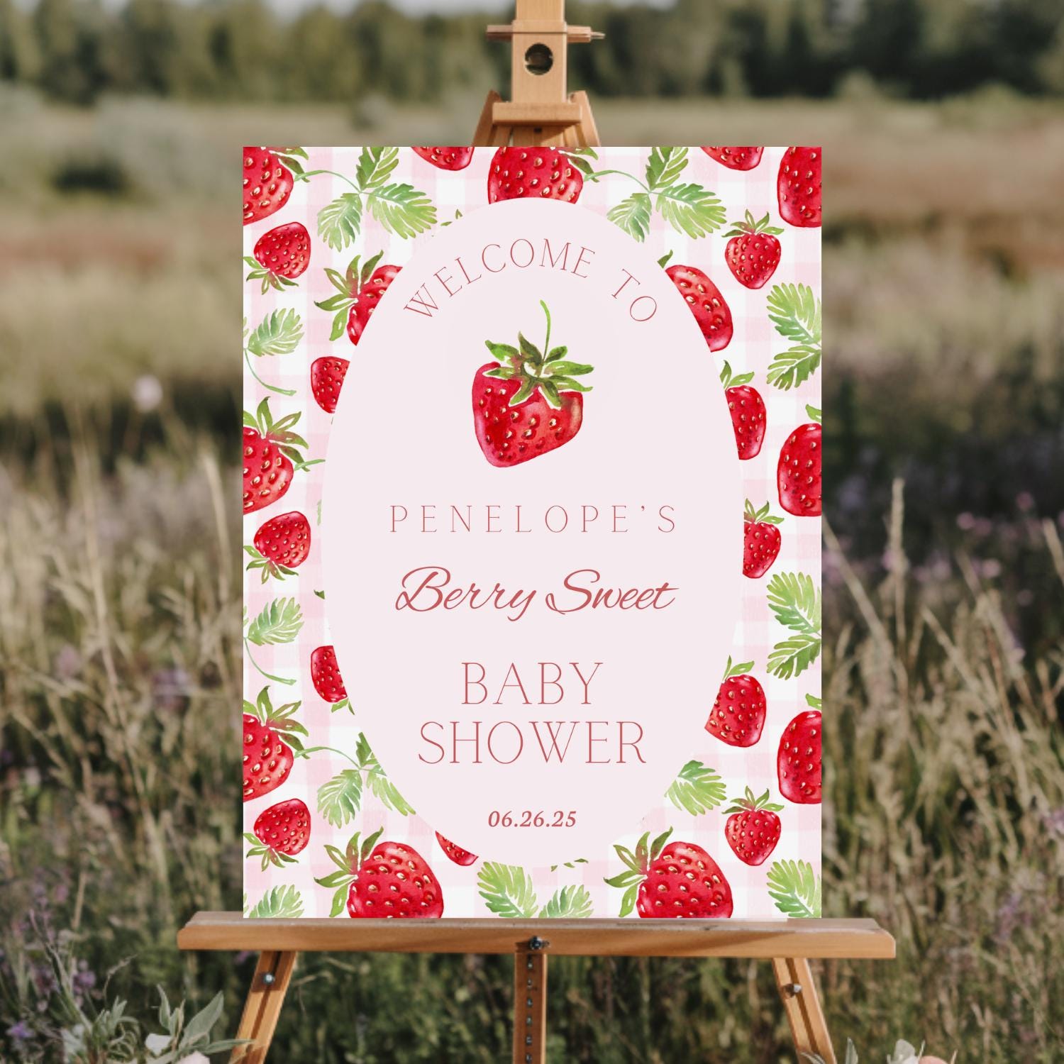 Berry Baby Shower Welcome Sign - Strawberry Pink Gingham Design, A ...