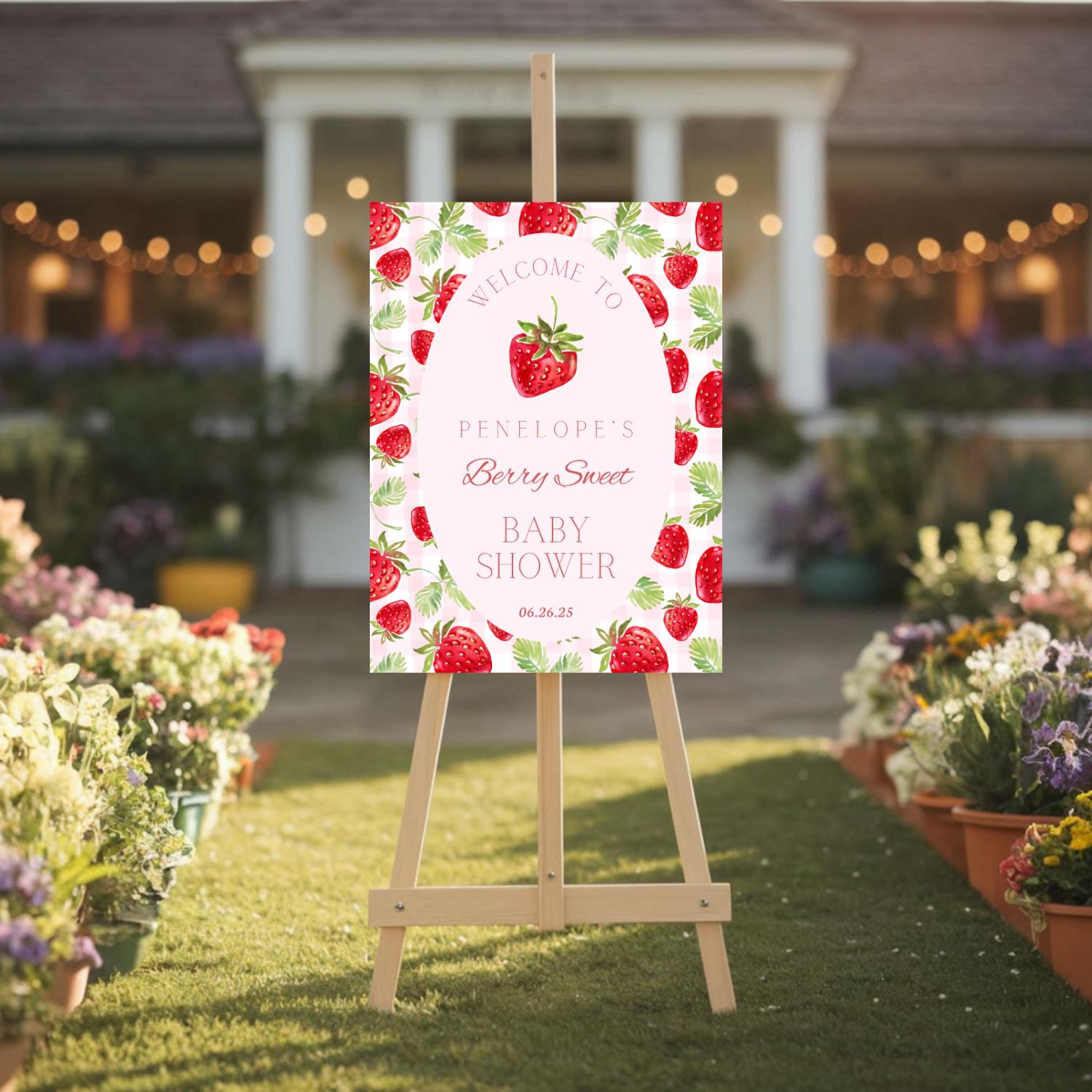 Berry Baby Shower Welcome Sign - Strawberry Pink Gingham Design, A ...