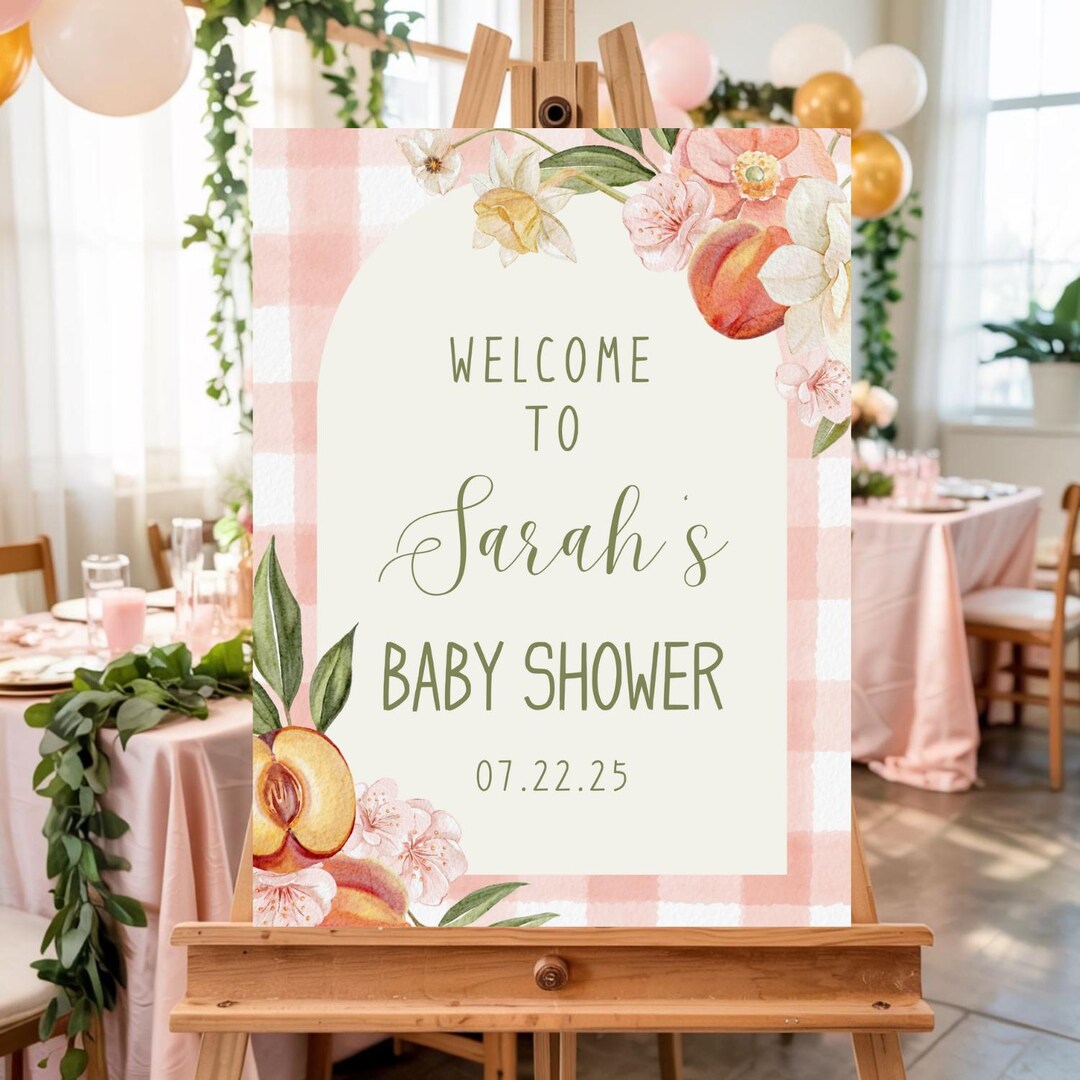 Peach Floral Baby Shower Welcome Sign, A Sweet Little Peach is on Way ...