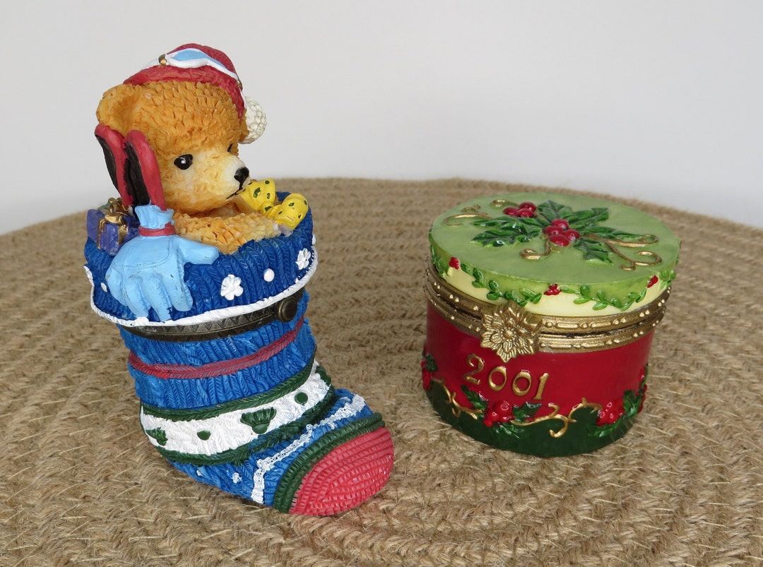 Vintage Hinged Christmas Trinket Gift Boxes Bear in Stocking & 2001 ...
