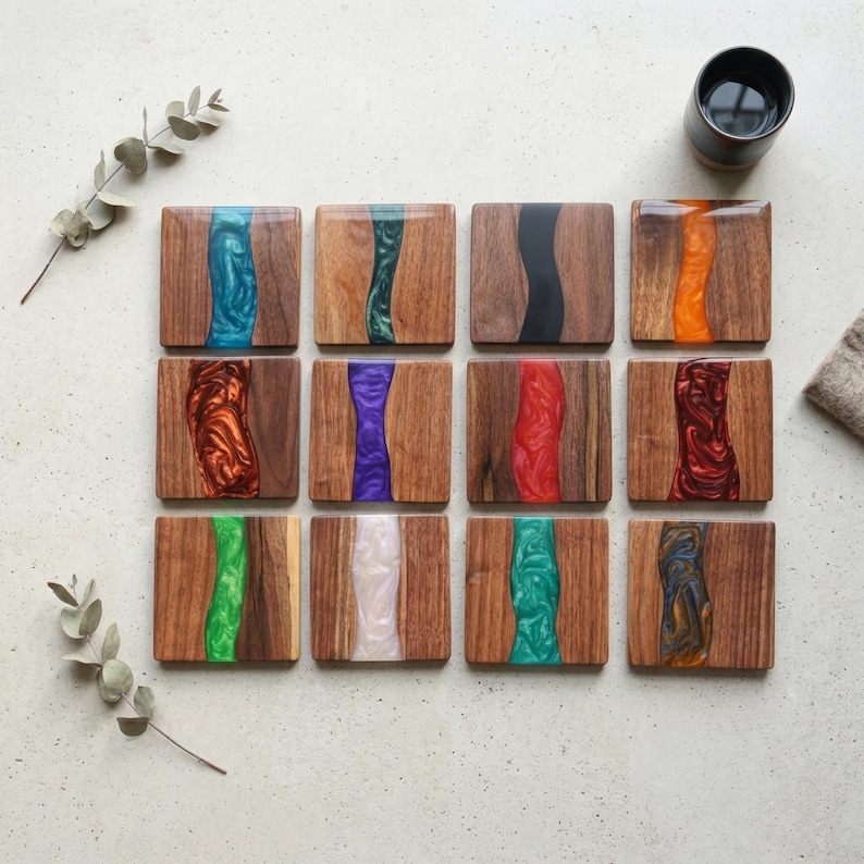 Handmade Walnut Epoxy Resin Coaster Set, Wooden Drink Coasters, Rustic ...
