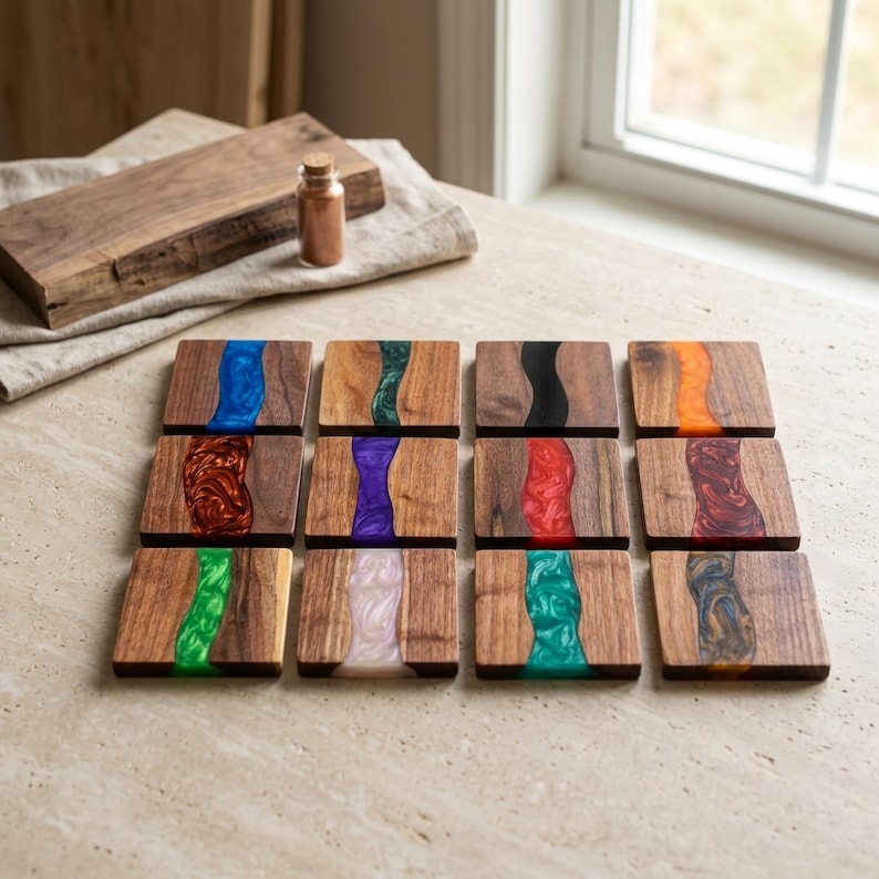 Handmade Walnut Epoxy Resin Coaster Set, Wooden Drink Coasters, Rustic ...