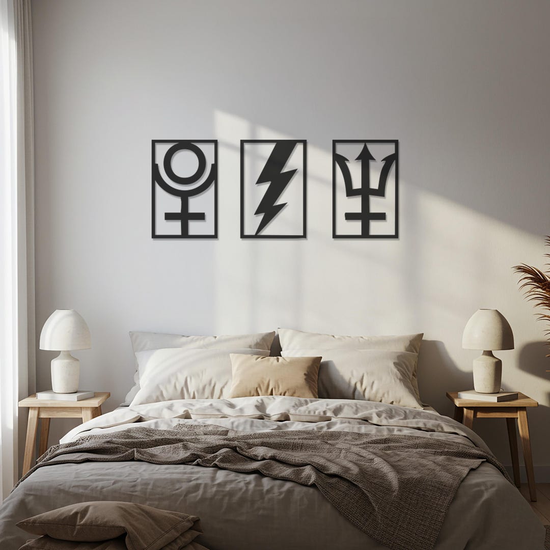 3 Piece Symbol Metal Wall Art, Trident, Lightning Bolt, Planet Signs ...
