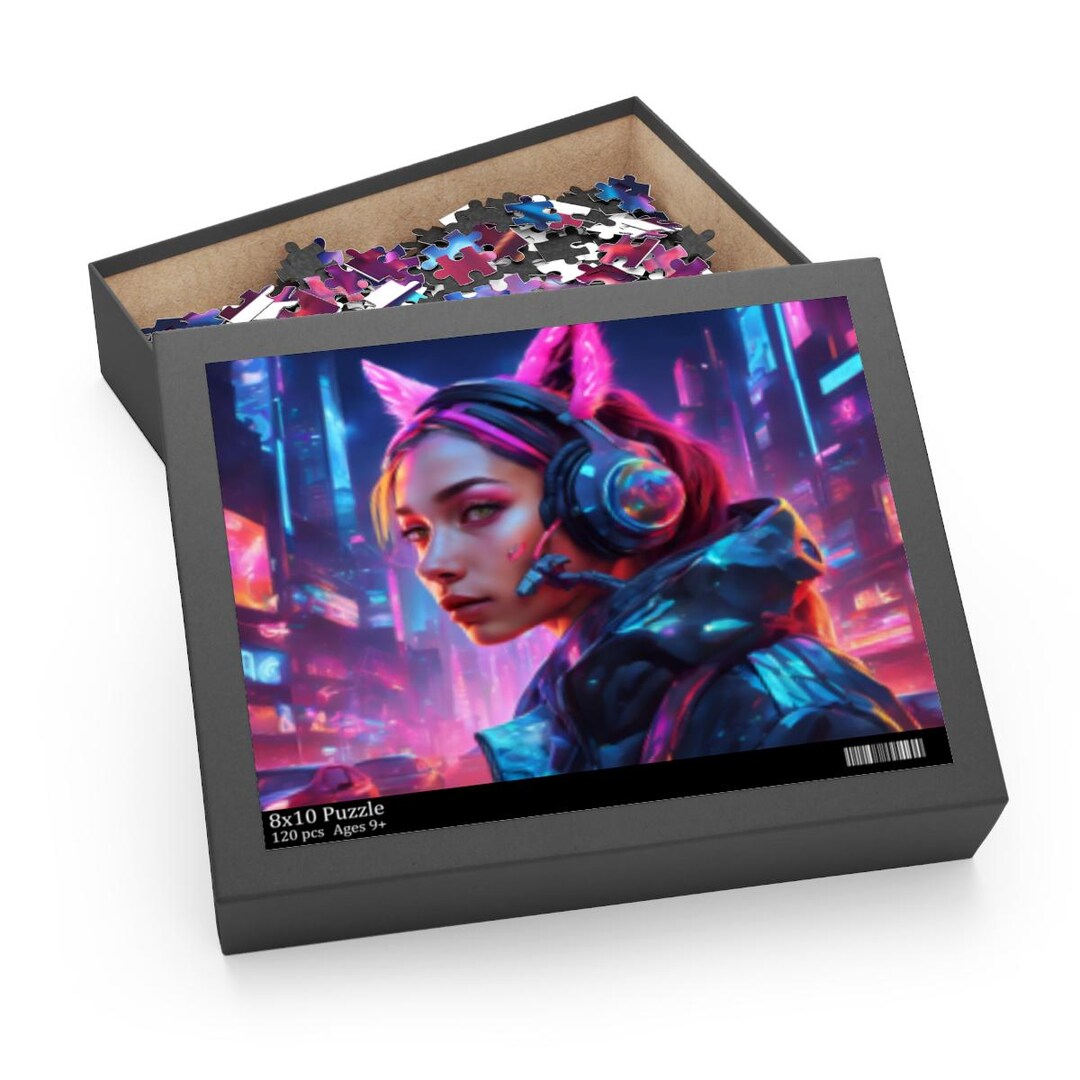 Puzzle cyberpunk Future City Game Scene With Cool Cat Ear Woman - Etsy