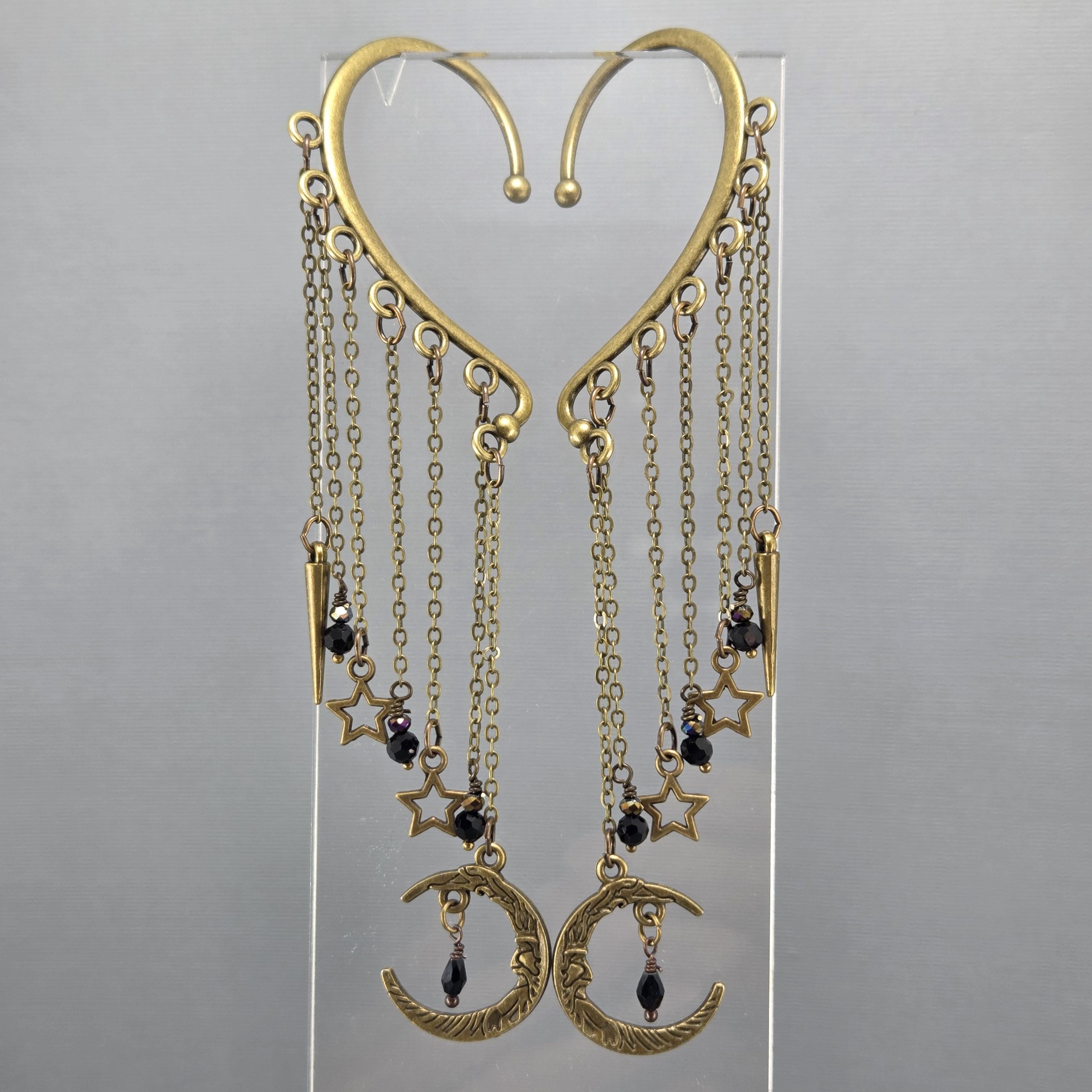 Fairy Moon Brass Ear Cuff: Dangle Star and Spike Ear Wrap, No Piercing ...