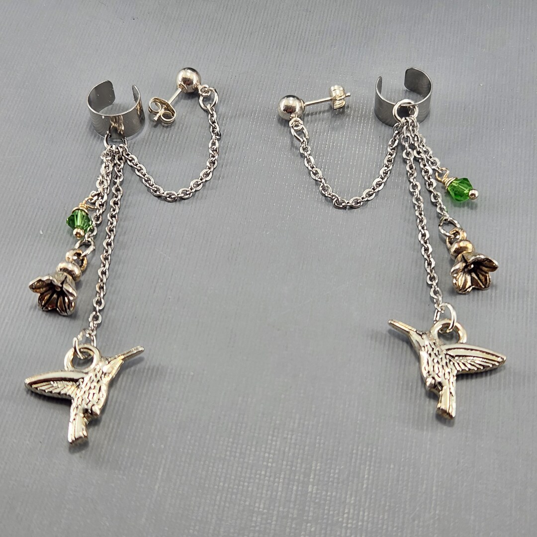 Hummingbird Ear Cuff Silver Hummingbird Ear Cuff Dangle Ear Cuff Green ...