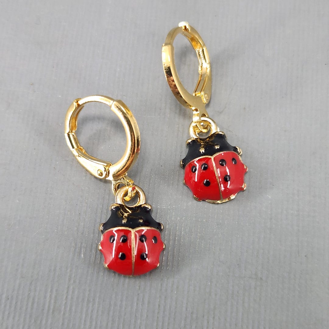 Ladybug Earrings Gold Lady Bug Lever Back Hoop Earrings Huggie Hoops ...