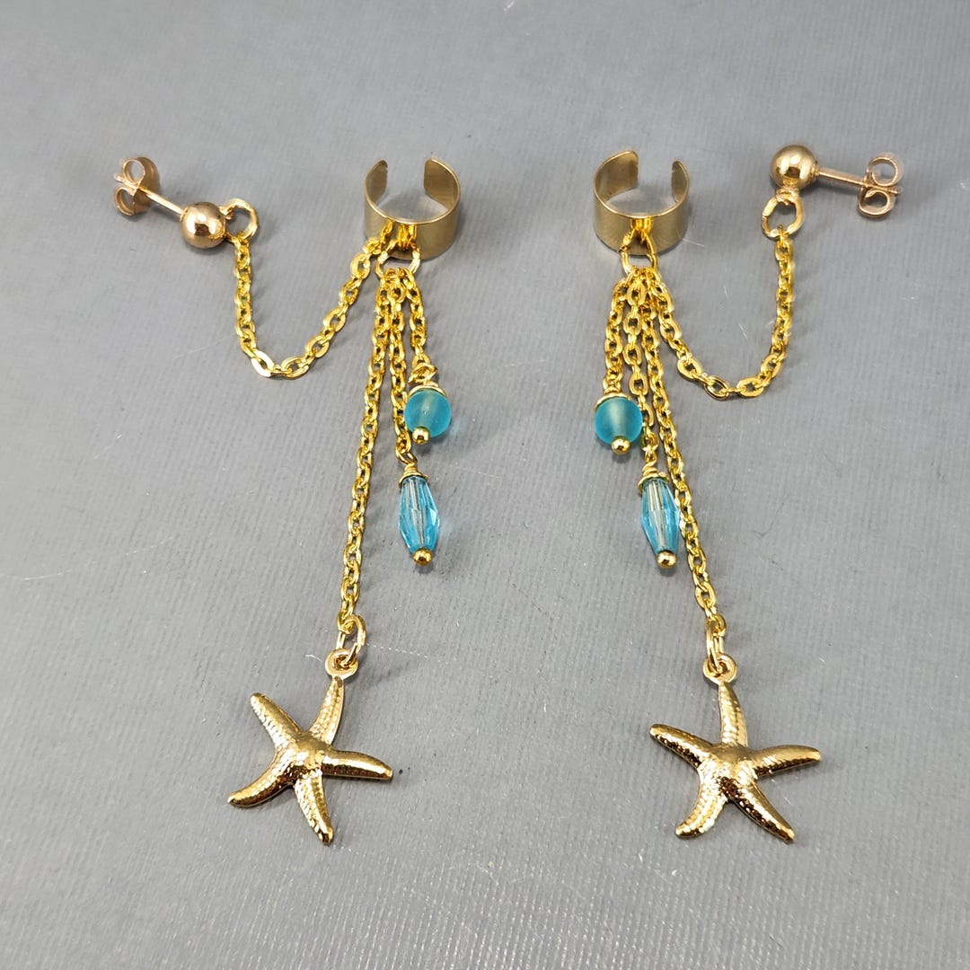 Starfish Ear Cuff W/piercing Star Fish Ear Cuff Dangle Ear Cuff Gold ...