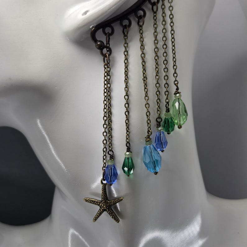 Antiqued Brass Starfish Ear Cuff Ocean Colors Glass Crystal Beads Ear ...