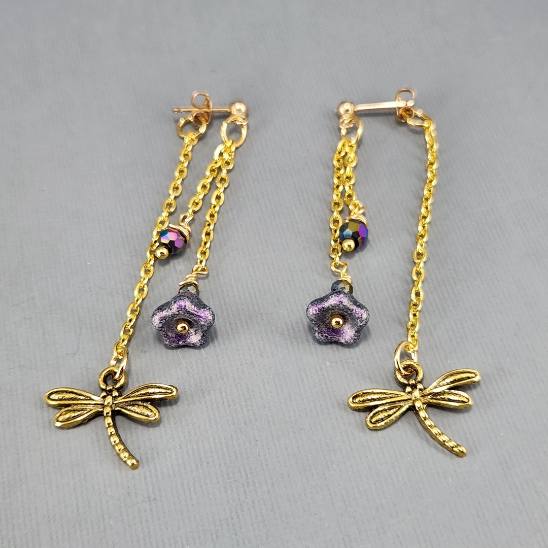 Dragonfly Earrings Front Back Post Earrings Dangle Drop Chain Earrings Lavender Crystal Purple ...
