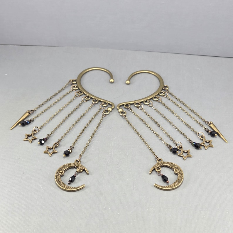 Fairy Moon Brass Ear Cuff: Dangle Star and Spike Ear Wrap, No Piercing ...