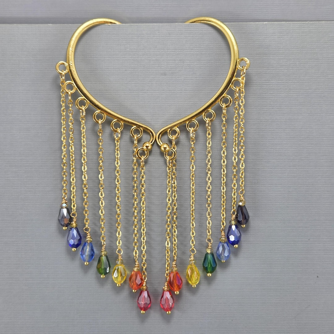 Rainbow Crystal Dangle Ear Cuff: Gold Pride Ear Wrap No Piercing ...
