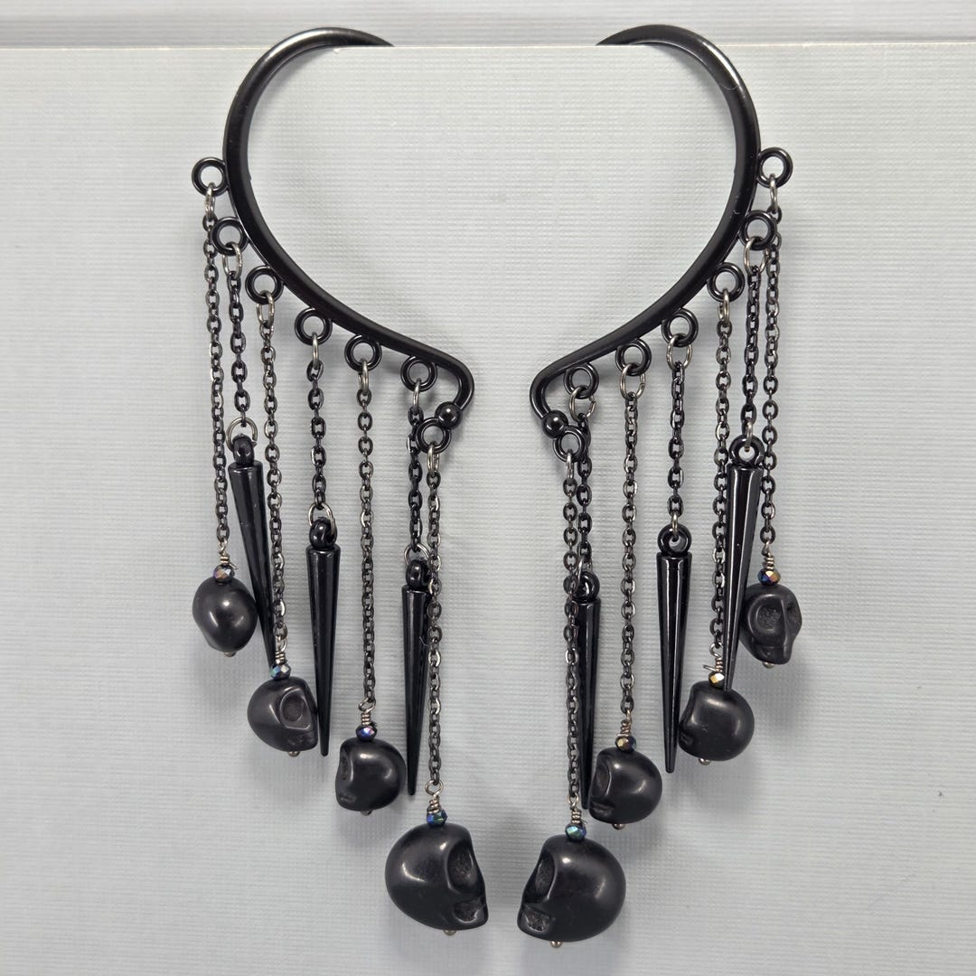 Black Skull Ear Cuff Black Spike Ear Wrap Gothic Ear Cuff Dangle Ear ...