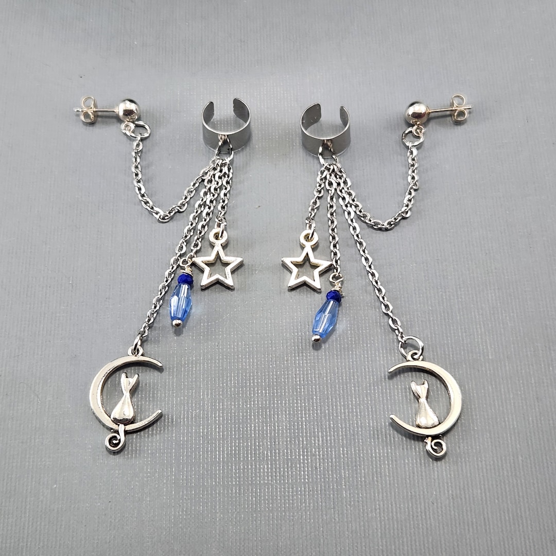 Ear Cuff Cat on the Moon Ear Cuff Star Ear Cuff Dangle Ear Cuff Blue ...
