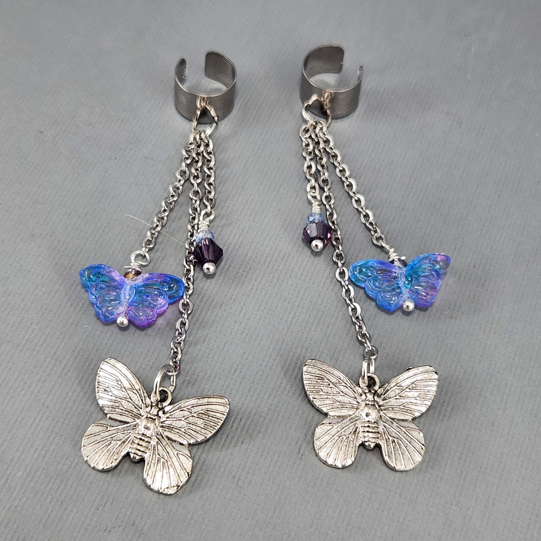 Ear Cuff Butterfly Ear Cuff Purple Blue Glass Butterfly Ear Cuff Dangle ...