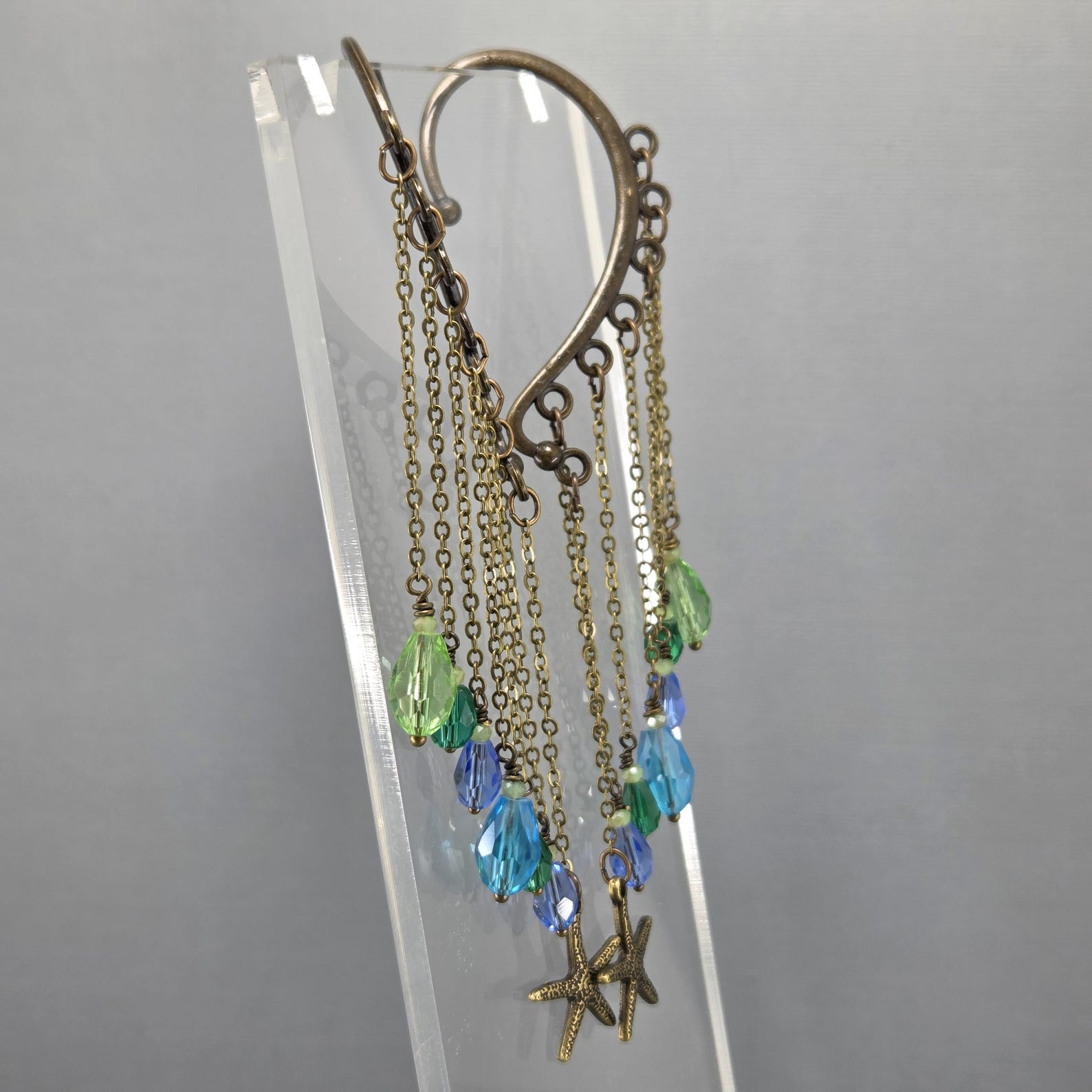 Antiqued Brass Starfish Ear Cuff Ocean Colors Glass Crystal Beads Ear ...