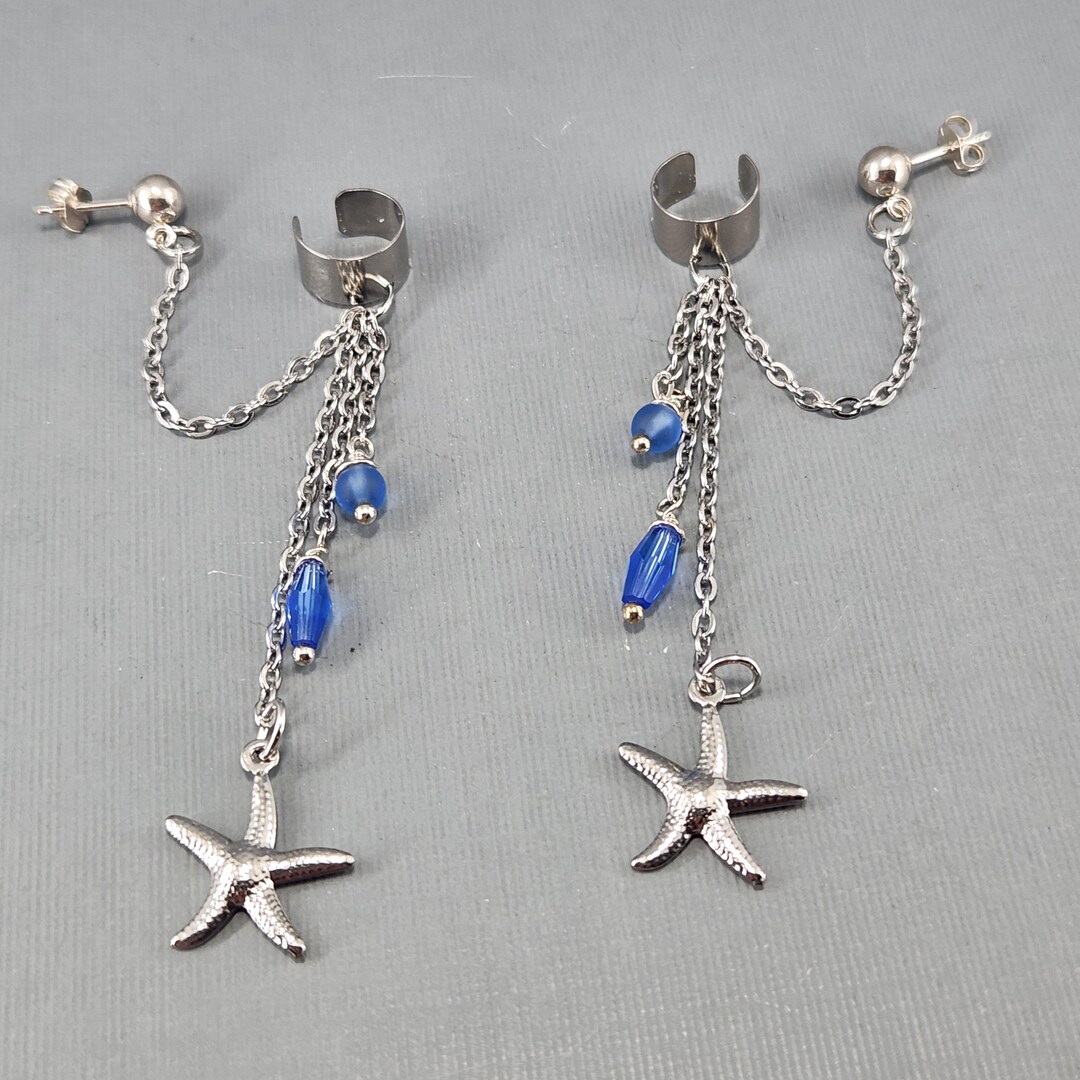 Starfish Ear Cuff W/piercing Star Fish Ear Cuff Dangle Ear Cuff Silver ...
