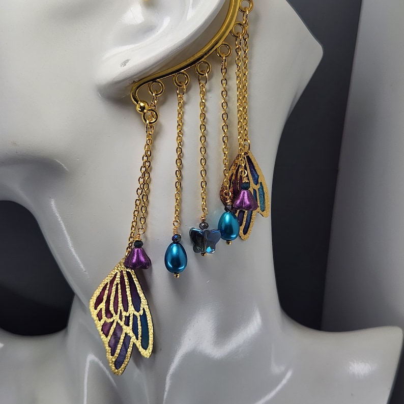Butterfly Wing Ear Cuffs Gold Trimmed Purple Teal Fairy Wing Dangle Ear ...