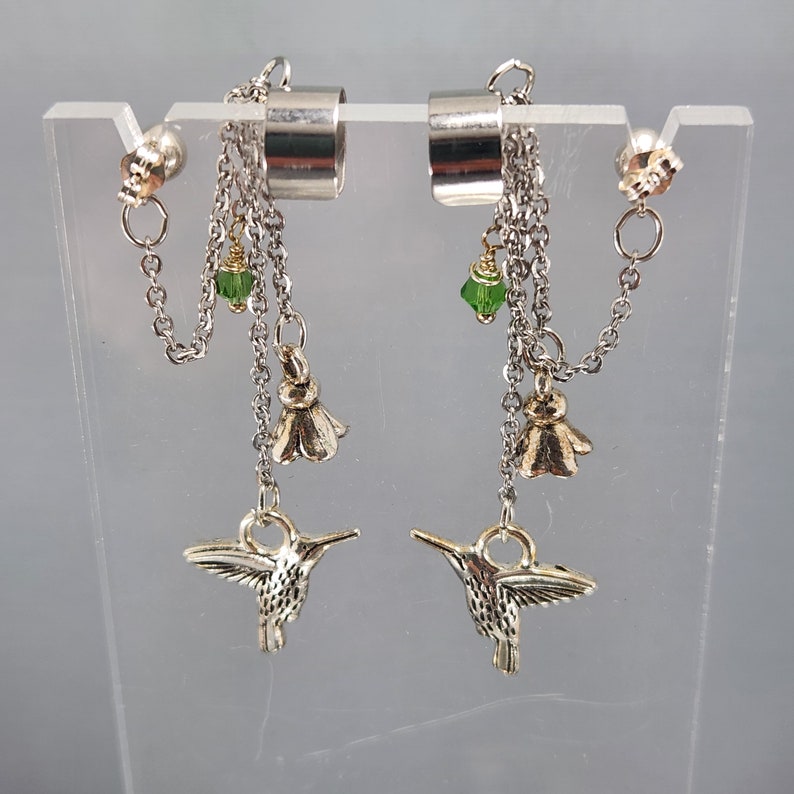 Hummingbird Ear Cuff With Piercing Green Glass Beads Silver Flower ...