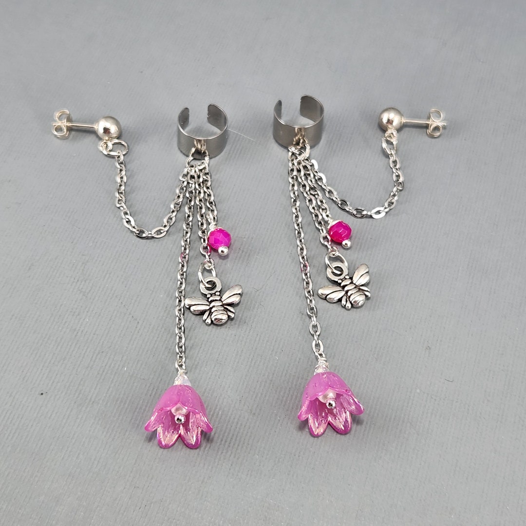 Ear Cuff Bumble Bee Ear Cuff Hot Pink Beads Ear Cuff Long Dangle Ear ...