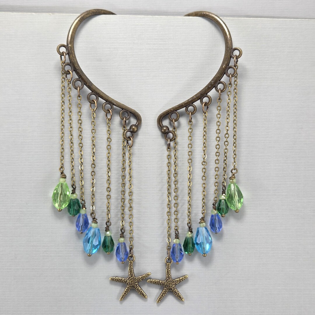 Antiqued Brass Starfish Ear Cuff Ocean Colors Glass Crystal Beads Ear ...