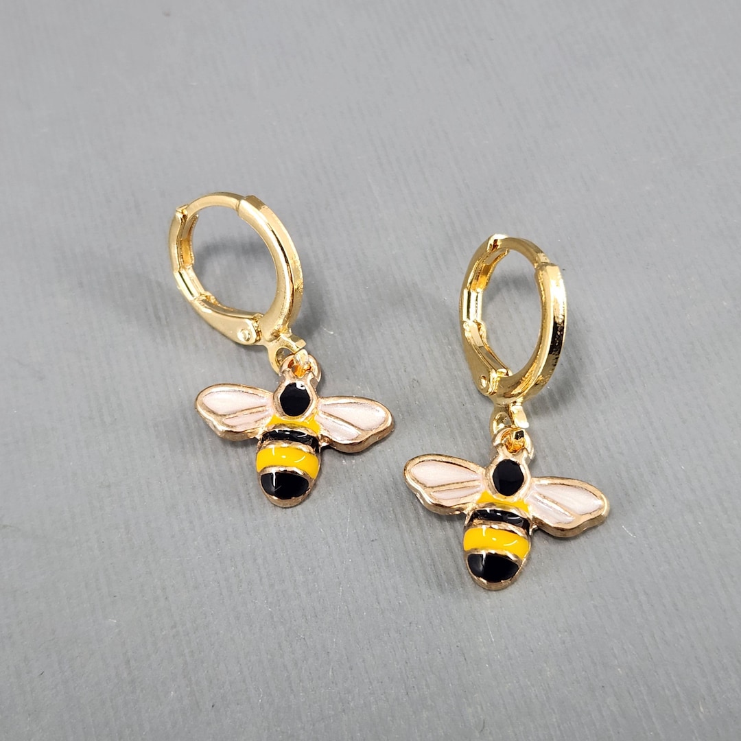 Huggie Hoop Earrings Bee Earrings Gold Bumble Bee Hoop Earrings Yellow Black Honey Bee Tiny Hoop ...
