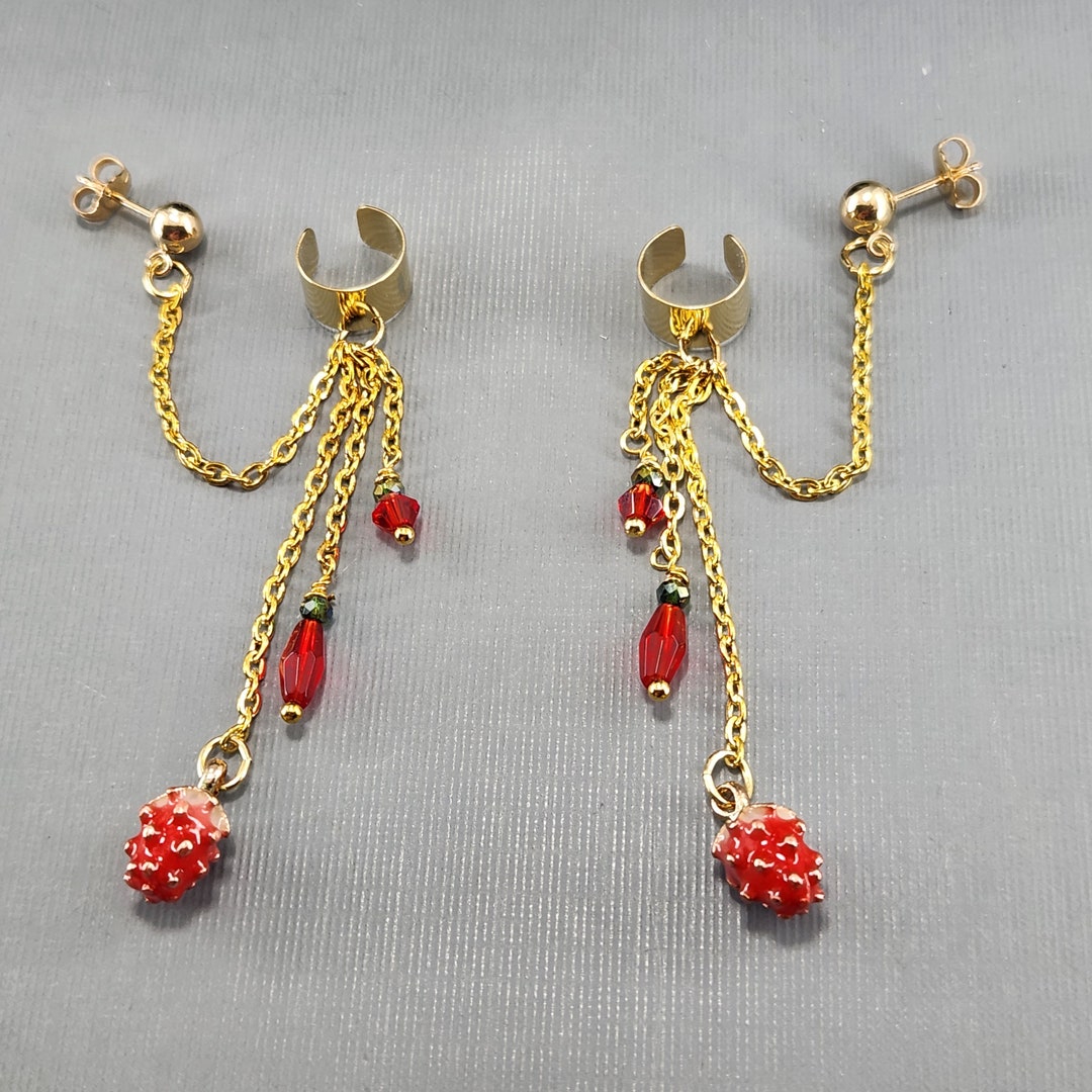 Strawberry Ear Cuff With Gold Stud Piercing Red Strawberry Ear Cuff ...