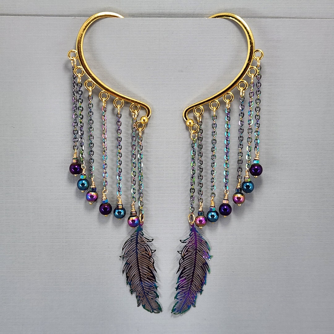 Ear Cuffs Ear Wrap Long Dangle Ear Cuff Iridescent Feathers Ear Wrap ...