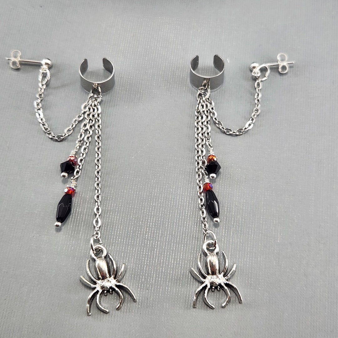 Black Widow Spider Ear Cuff With Piercing Black Red Glass Beads Silver ...