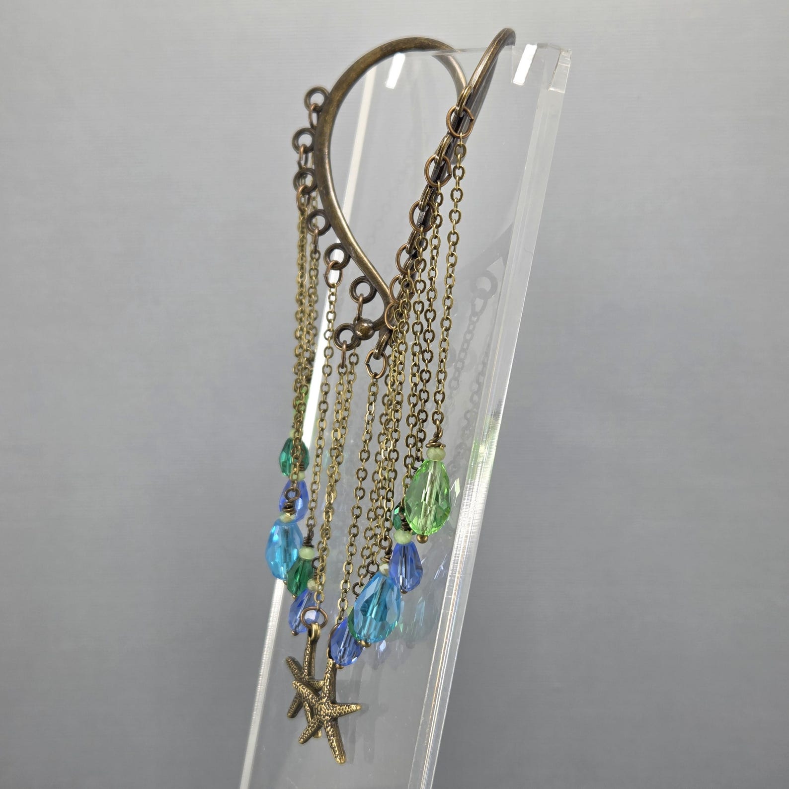 Antiqued Brass Starfish Ear Cuff Ocean Colors Glass Crystal Beads Ear ...