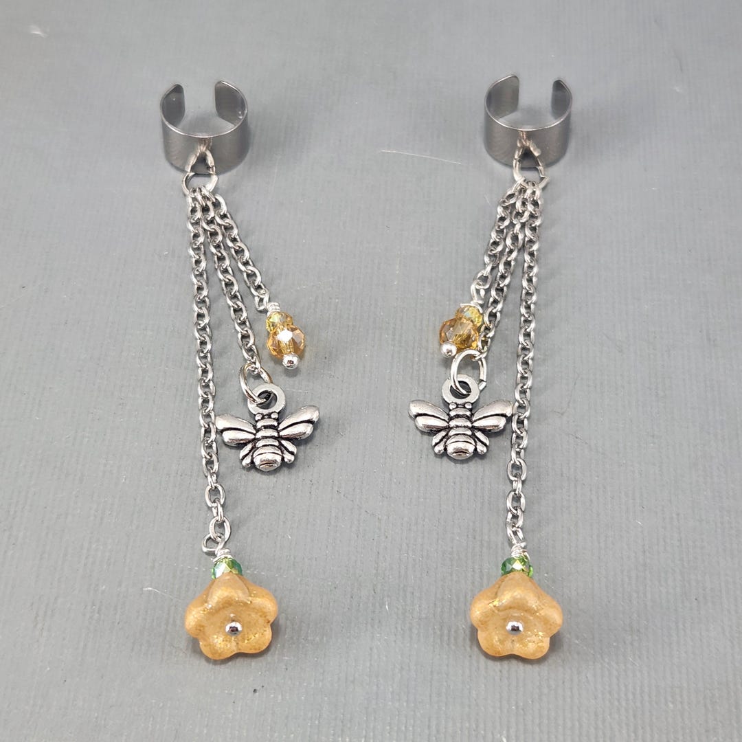 Ear Cuff Bumble Bee Ear Cuff Honey Yellow Flower Beads Ear Cuff Long ...