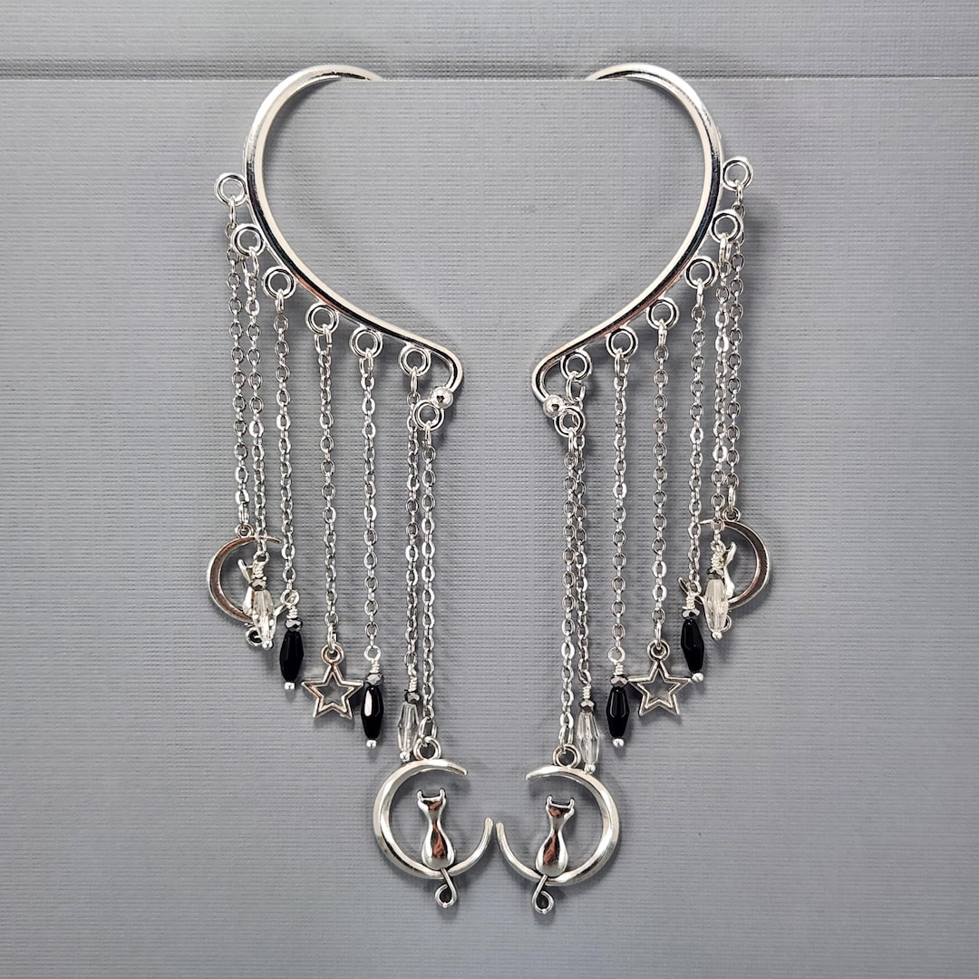 Ear Cuffs Ear Wrap Dangle Ear Cuff Cat on the Moon and Stars Ear Wrap ...