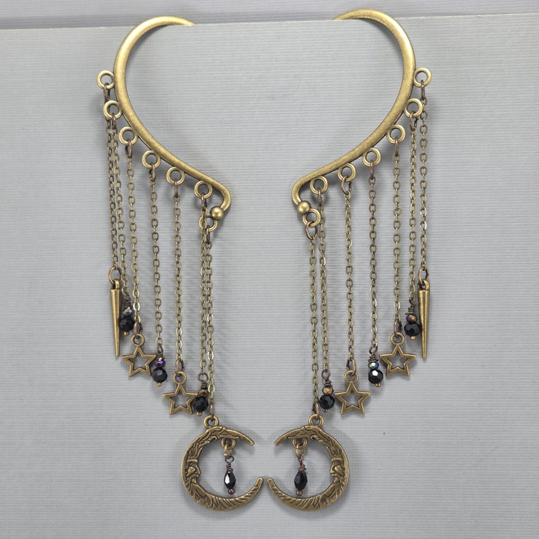 Fairy Moon Brass Ear Cuff: Dangle Star and Spike Ear Wrap, No Piercing ...
