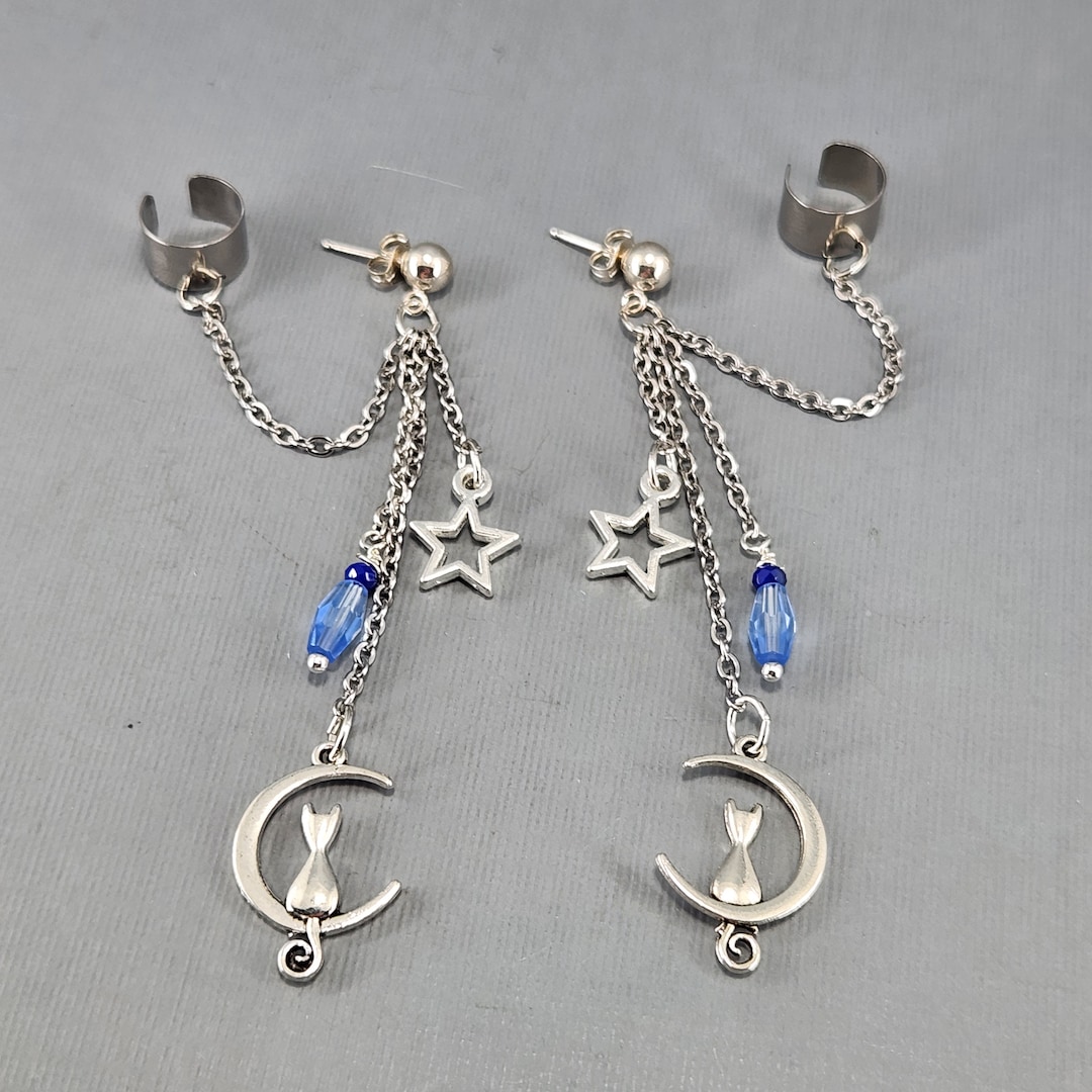 Ear Cuff Cat on the Moon Ear Cuff Star Ear Cuff Dangle Ear Cuff Blue Crystal Beads Silver Cat ...