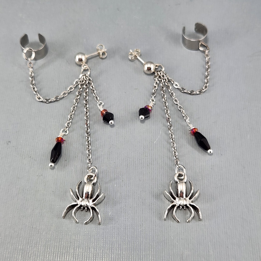 Ear Cuff Black Widow Spider Ear Cuff Black Bead Ear Cuff Dangle Ear ...