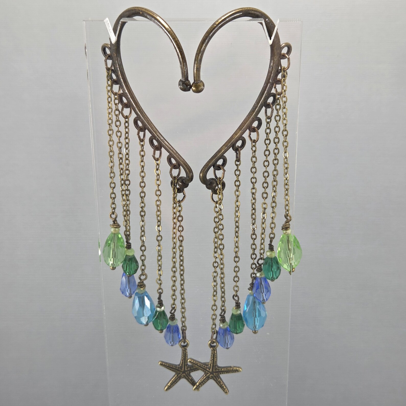 Antiqued Brass Starfish Ear Cuff Ocean Colors Glass Crystal Beads Ear ...