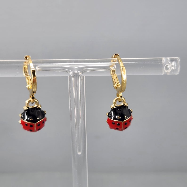 Ladybug Earrings Gold Lady Bug Lever Back Hoop Earrings Huggie Hoops ...