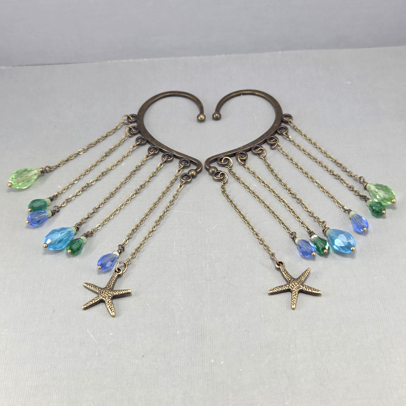 Antiqued Brass Starfish Ear Cuff Ocean Colors Glass Crystal Beads Ear ...