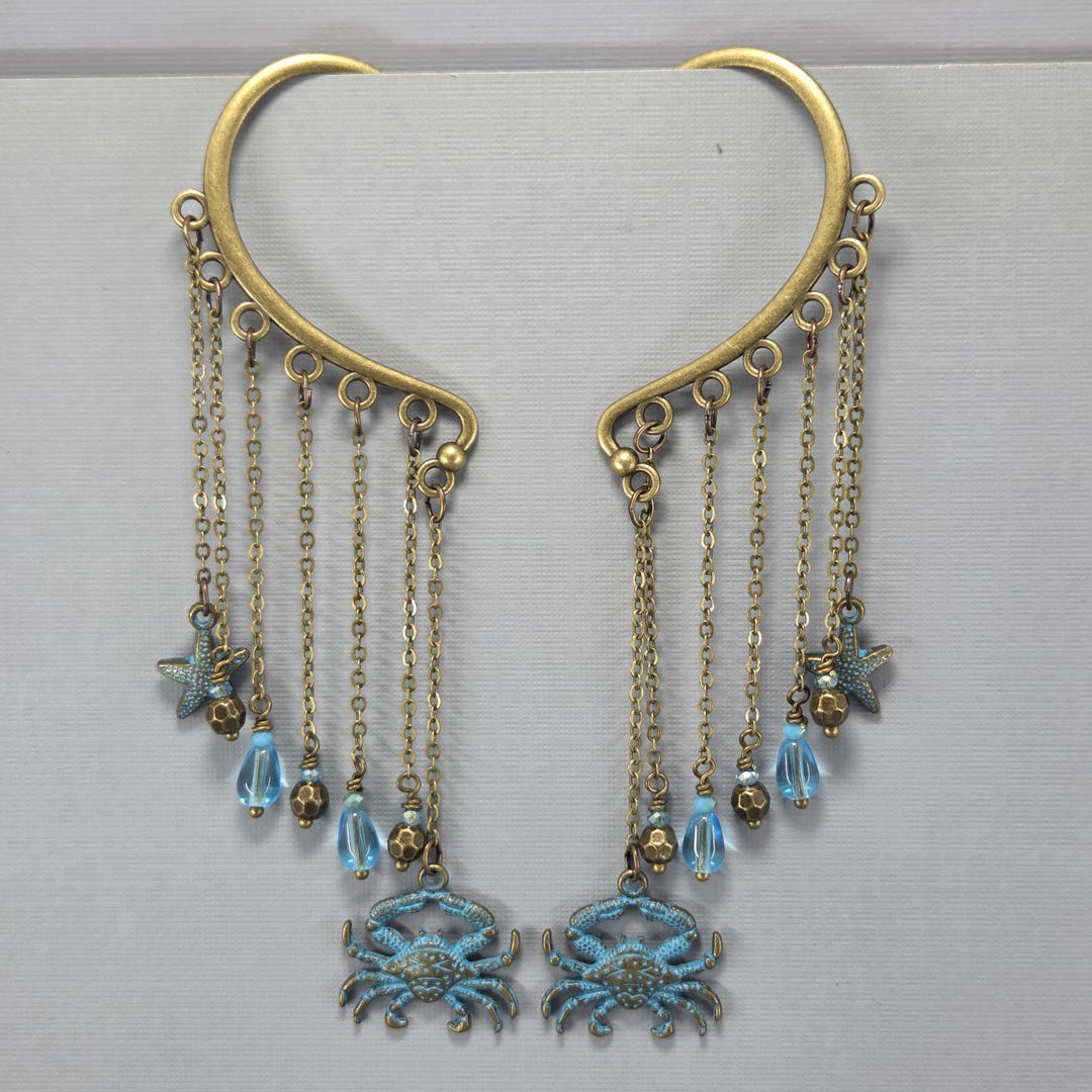 Crab Ear Cuffs Blue Patina Brass Ear Wrap No Piercing Earrings Cancer ...