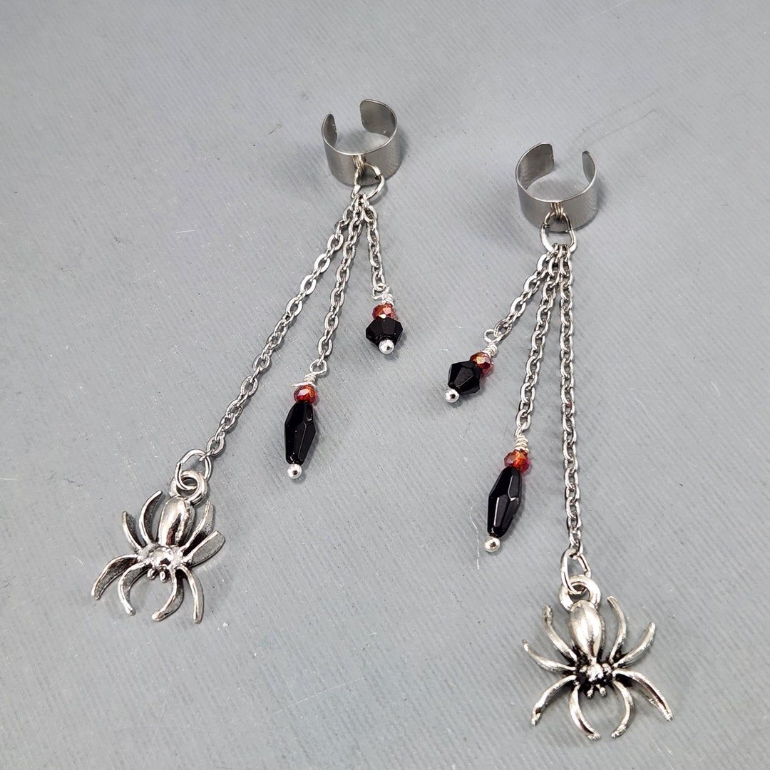 Ear Cuff Black Widow Spider Ear Cuff Black Bead Ear Cuff Dangle Ear ...