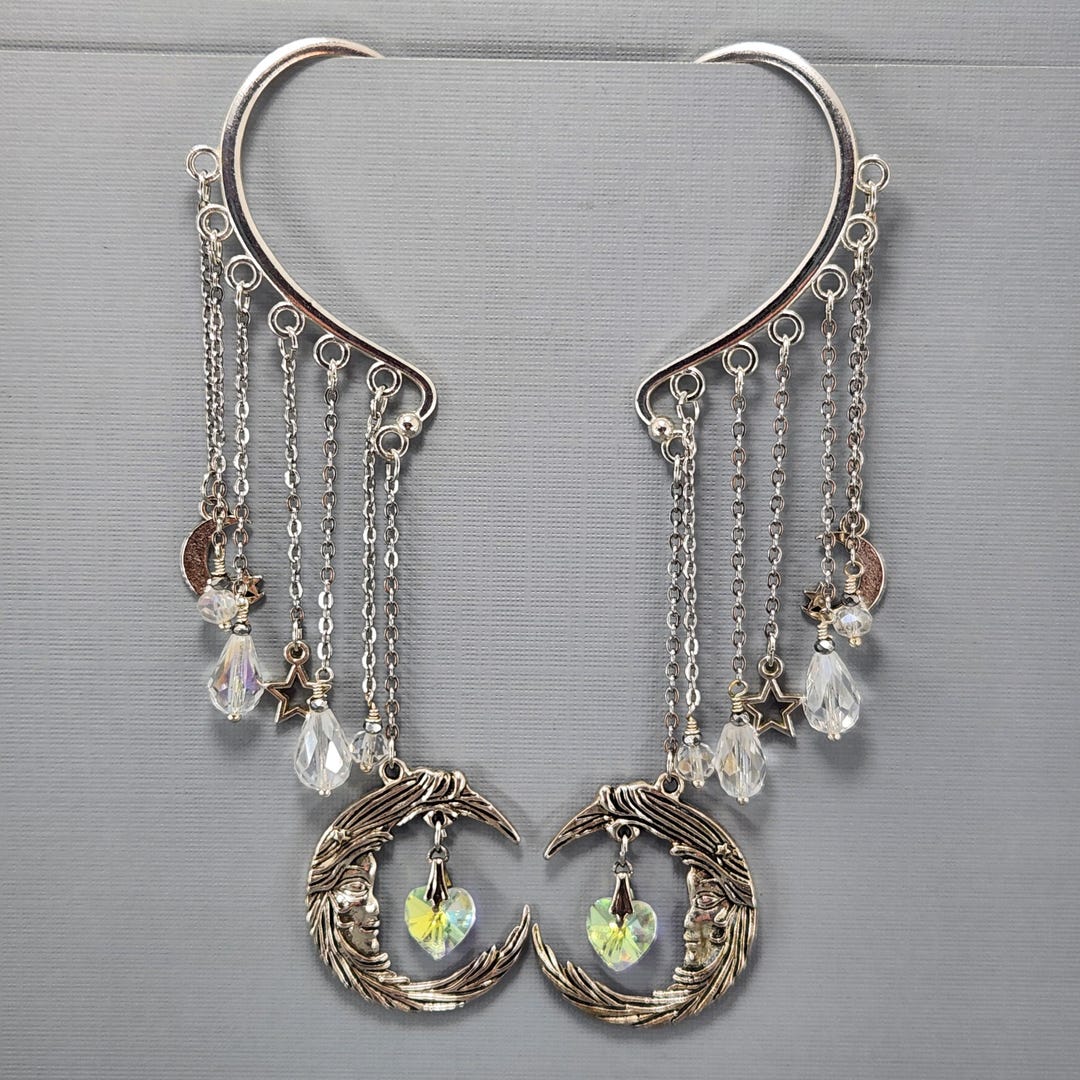 Fairy Moon Ear Cuff Silver Long Dangle Moon and Stars Ear Wrap No ...