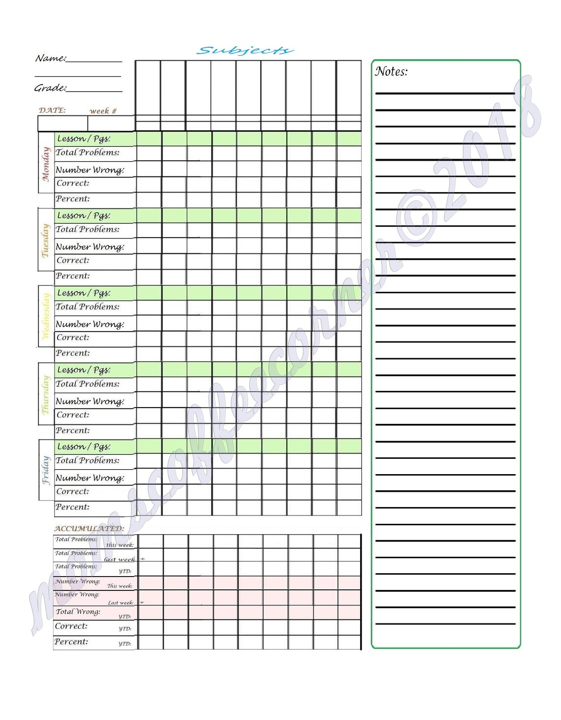 Grade Keeping Chart PDF for Homeschool - Etsy