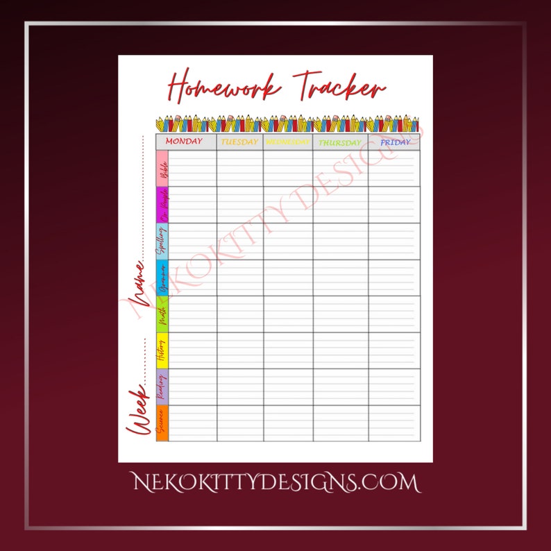 Student Homework Tracker Chart PDF PRINTABLE for Homeschool, School ...