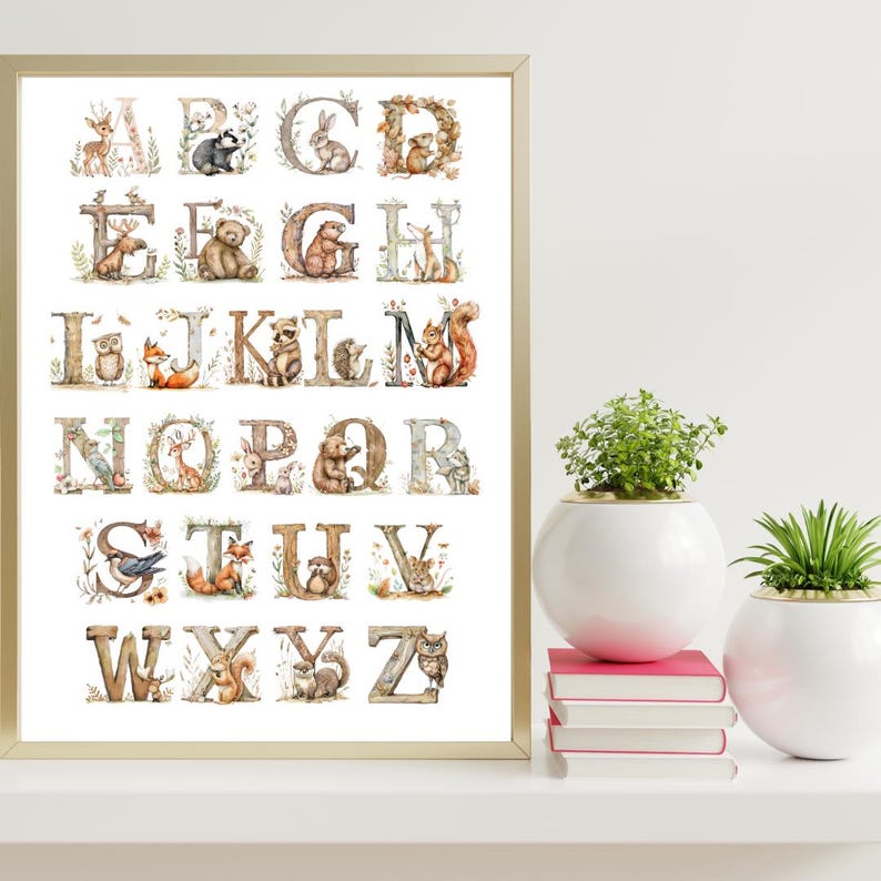 Woodland Animals Alphabet Art Print, Watercolor Nursery Decor (digital ...