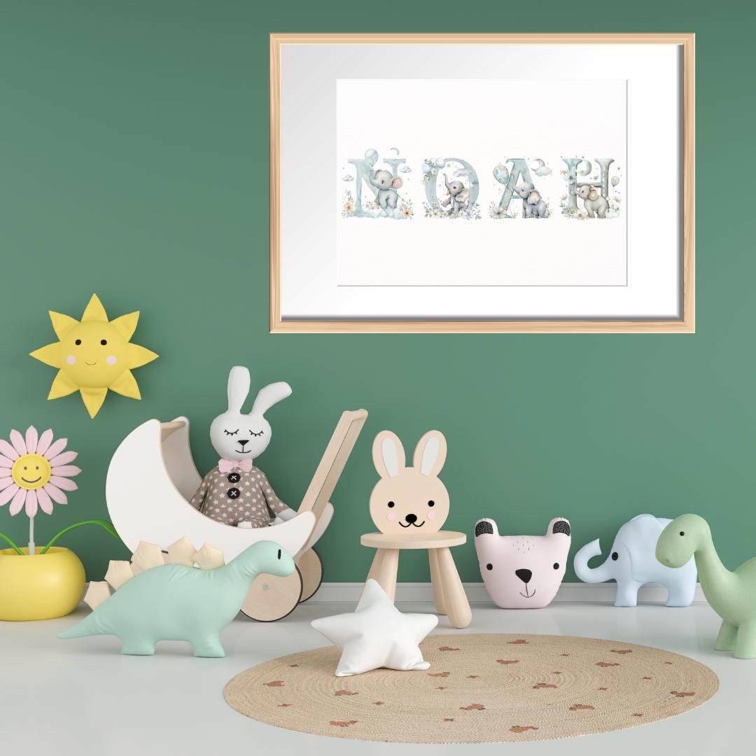 Personalized Baby Name Wall Art - Cute Elephant Nursery Decor - Custom ...