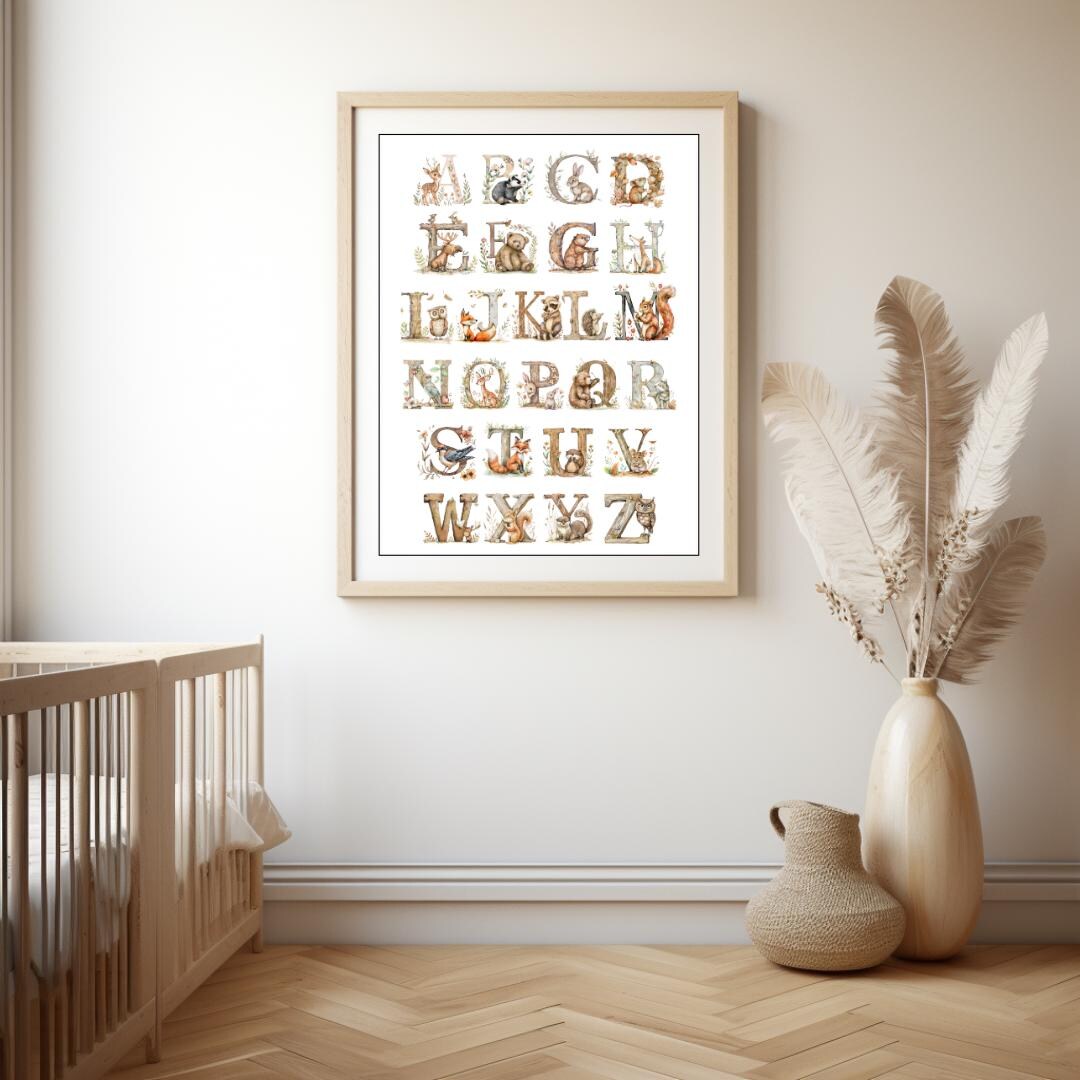Woodland Animals Alphabet Art Print, Watercolor Nursery Decor (digital ...